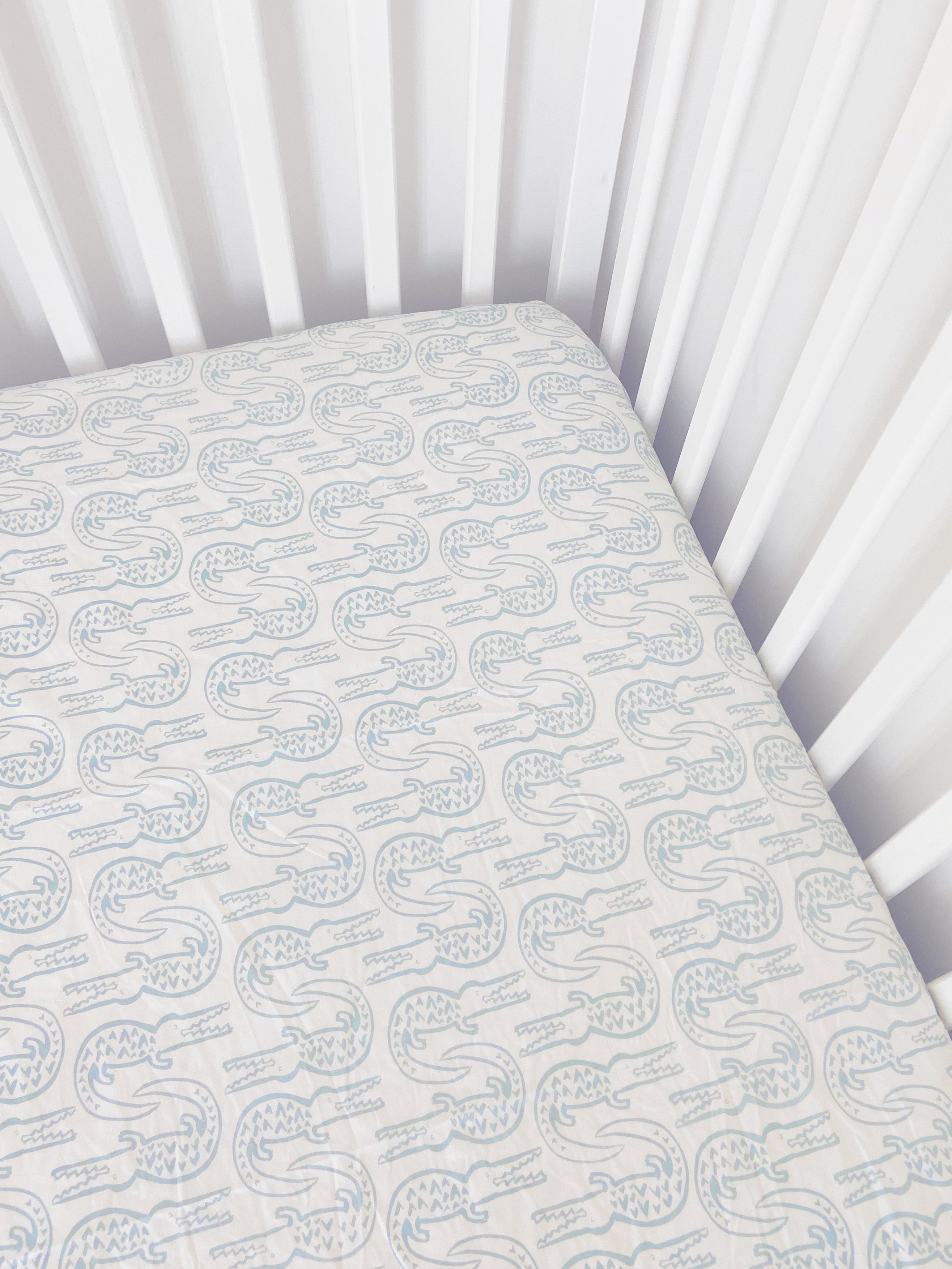 Organic Cotton Crib Sheets by Lewis - Alligator in Bay Blue
